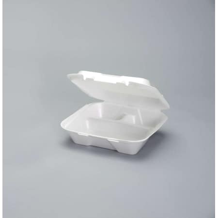 Genpak 9.25"x9.25"x3" White Lg 3 Compart Foam Hinged Dinner Container, PK200 SN203 | Zoro